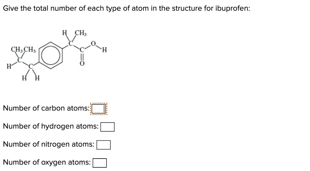 Give the total number of each type of atom in the structure for ibuprofen: H CH; CH,CH, H Number ...