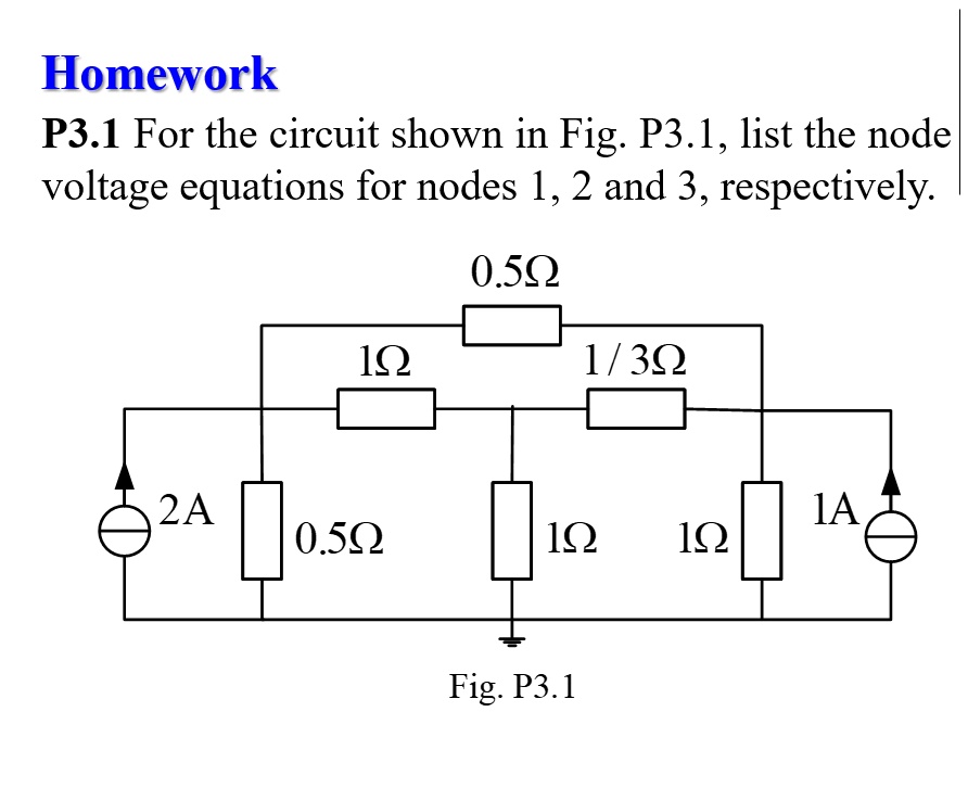 For the circuit shown in Fig. P3.1, list the node voltage equations for nodes 1, 2, and 3 ...