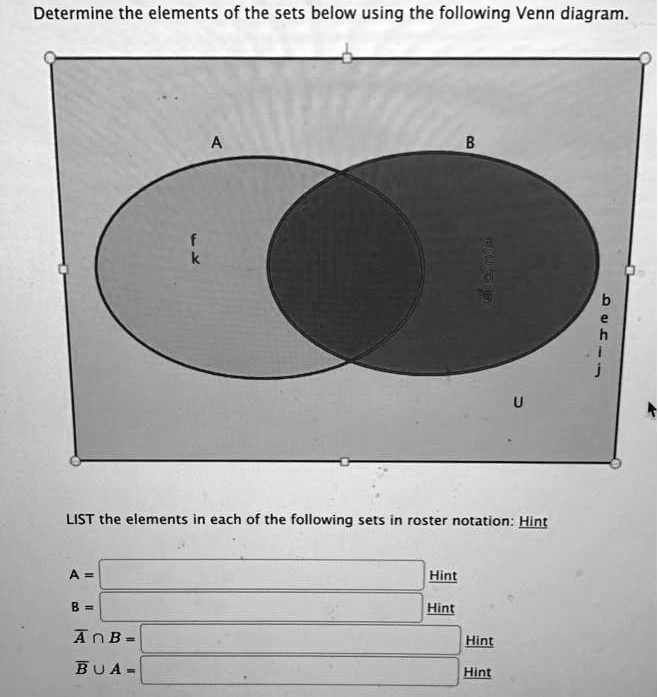 SOLVED: Determine the elements of the sets below using the following Venn diagram. List the ...