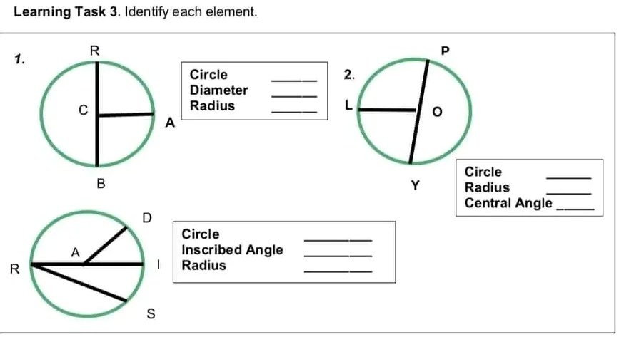 SOLVED: Learning Task 3. Identify each element Circle Diameter Radius ... SOLVED: Learning Task 3. Identify each element Circle Diameter Radius ...