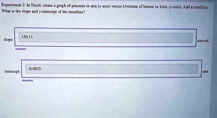 SOLVED: Experiment 2 In Excel, create a graph of pressure in atm (y-axis) versus 1/volume of ...