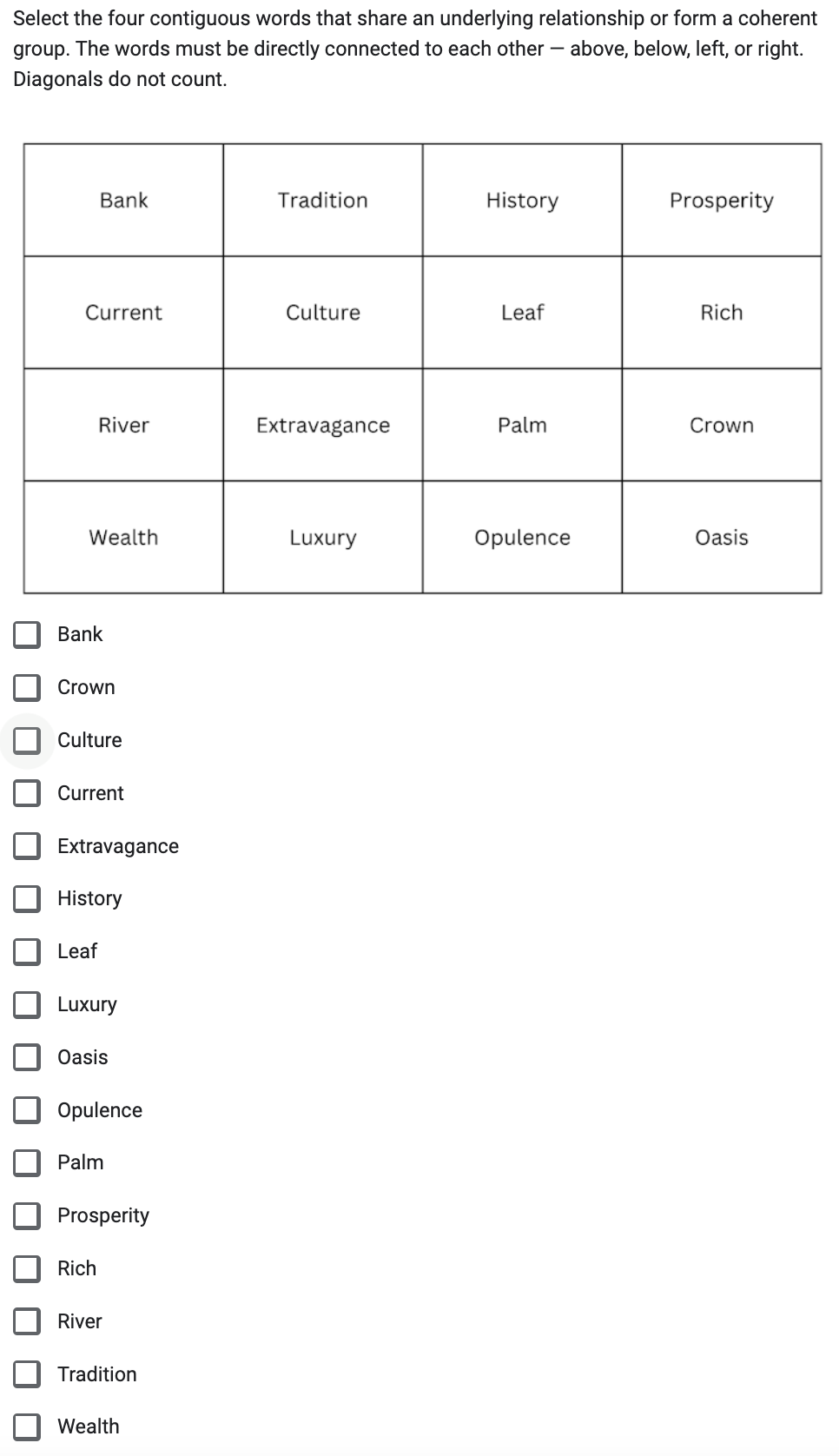 Select the four contiguous words that share an underlying relationship ...
