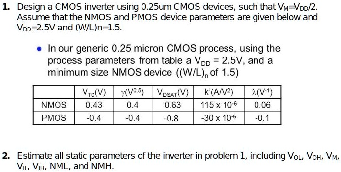 SOLVED: Texts: 1. Design a CMOS inverter using 0.25μm CMOS devices, such that VM = Vpp/2. Assume ...