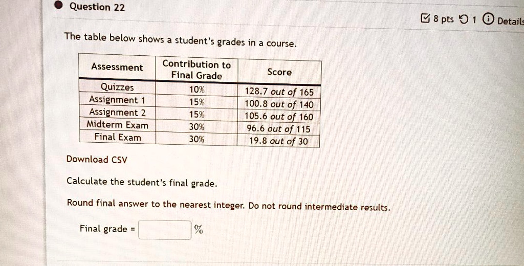 question 22 8 pts 0 1 0 detail the table below shows a student grades ...