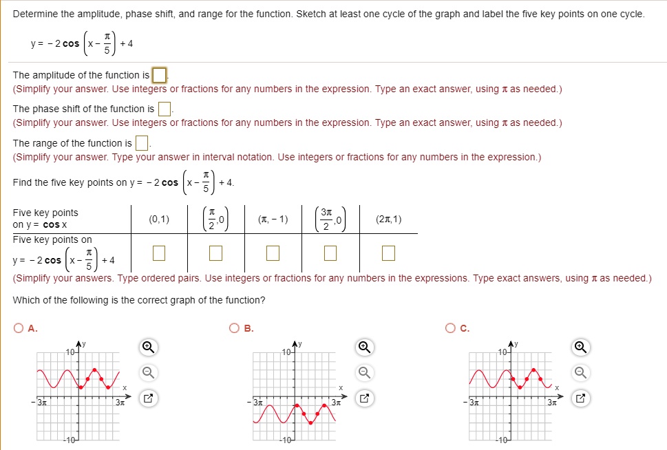 SOLVED: Determine the amplitude, phase shift, and range for the ...