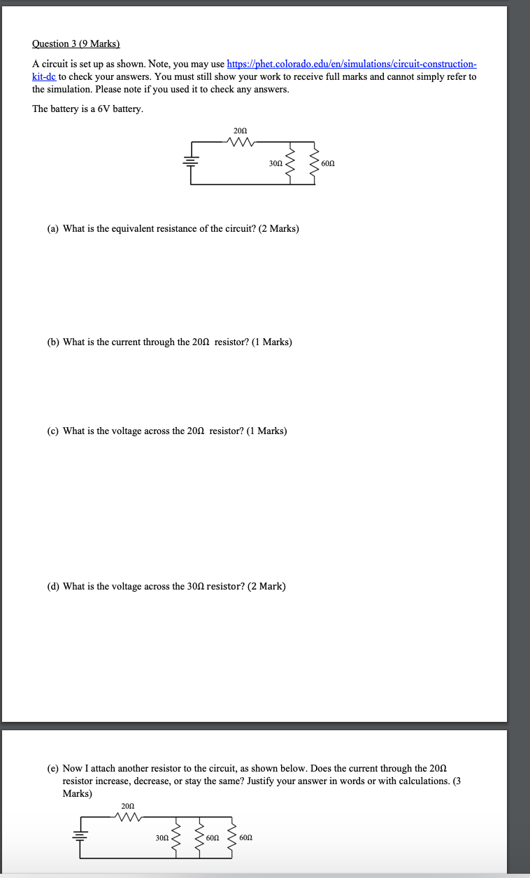Question 3 (9 Marks) A circuit is set up as shown. Note, you may use ...
