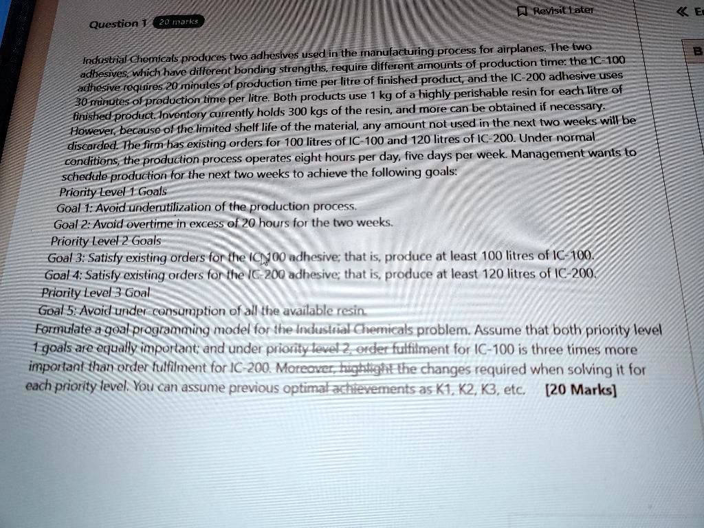 SOLVED: Revisitater Question 20 marks Industrial Chemicals produces two ...