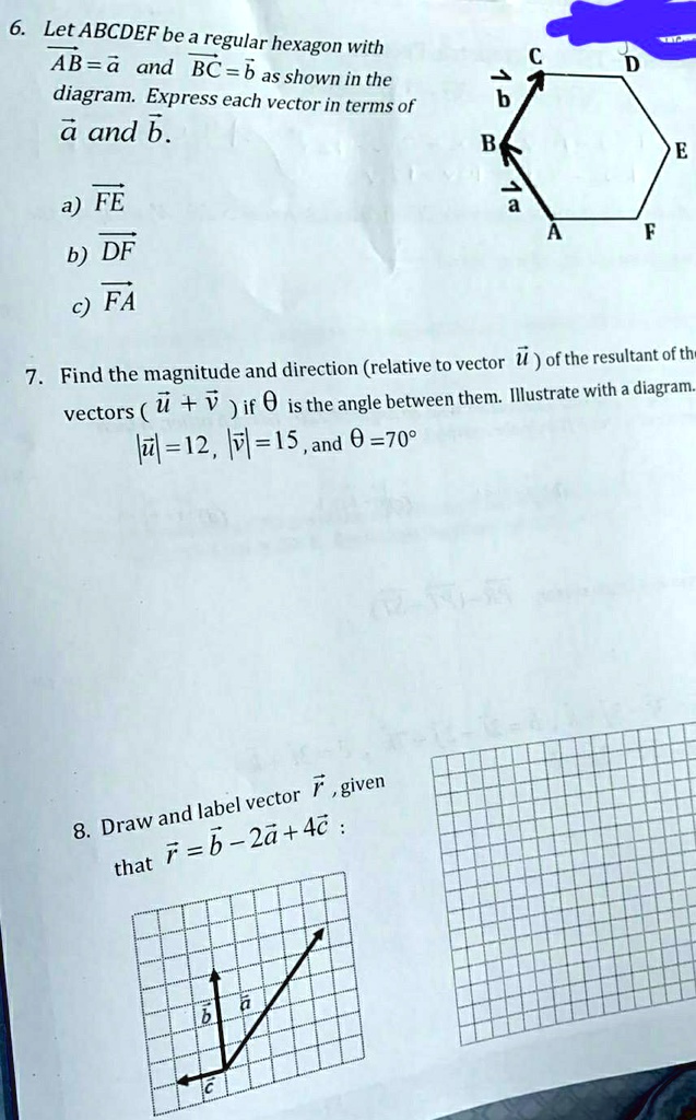 SOLVED: Let ABCDEF bea regular hexagon with AB= and BC = b as shown in the diagram Express each ...