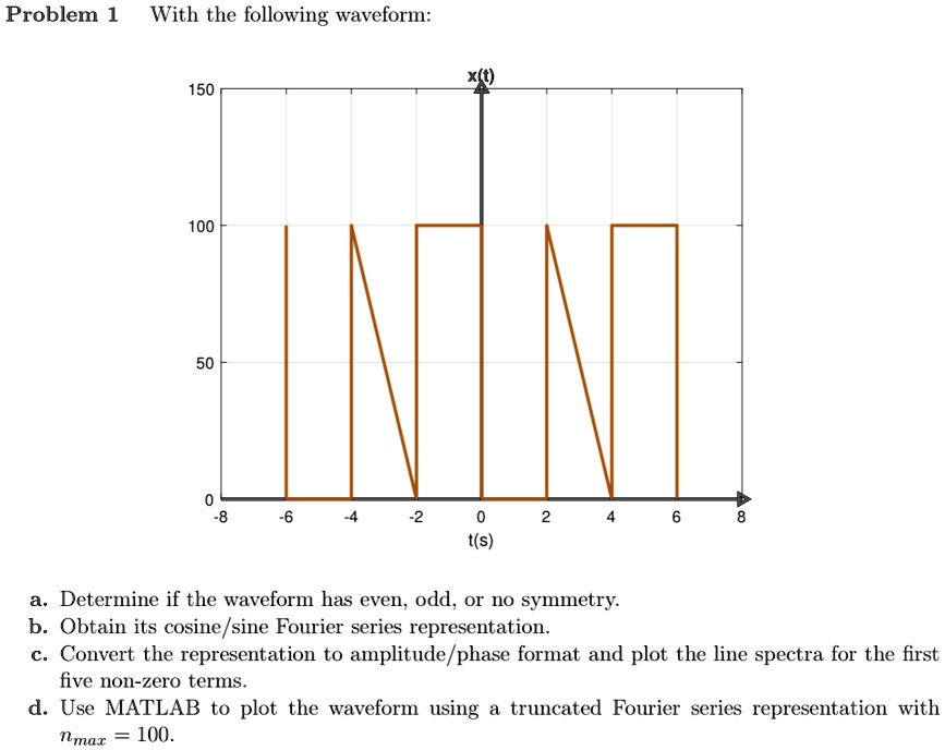 Problem 1 With the following waveform: x(t) 150 100 50 0 -8 -6 -4 -2 0 2 4 6 8 t(s) a. Determine ...