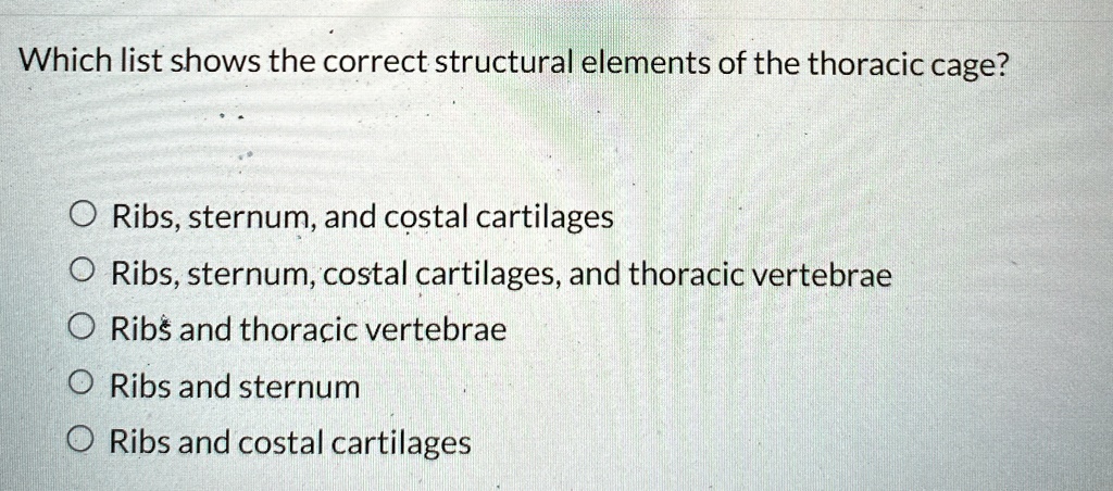 Which list shows the correct structural elements of the thoracic cage ...