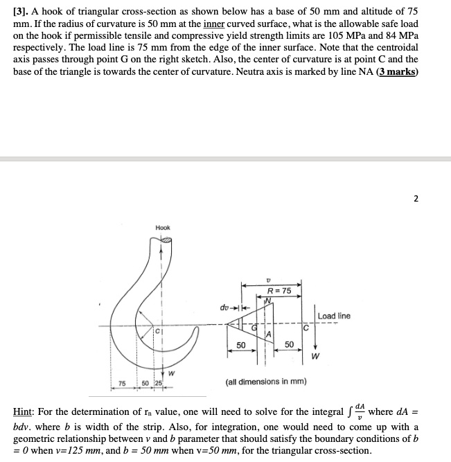 [3]. A hook of triangular cross-section as shown below has a base of 50 ...