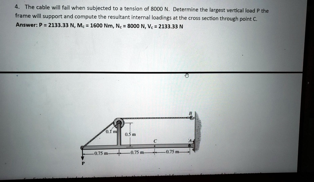 4. The cable will fail when subjected to a tension of 8000 N. Determine the largest vertical ...