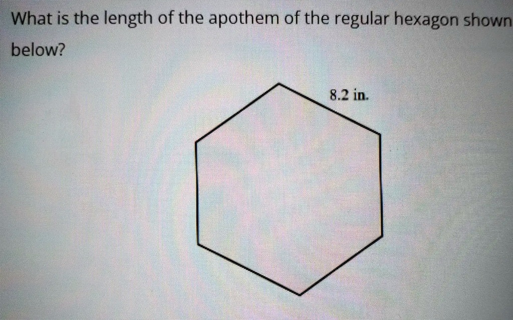 SOLVED: What is the length of the apothem of the regular hexagon shown below? 8.2 ini