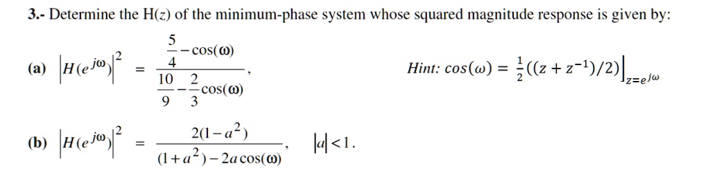 SOLVED: Determine the H(z) of the minimum-phase system whose squared magnitude response is given ...