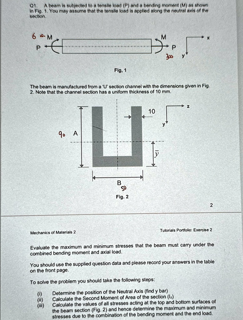 Q1. A beam is subjected to a tensile load (P) and a bending moment (M) as shown in Fig. 1. You ...