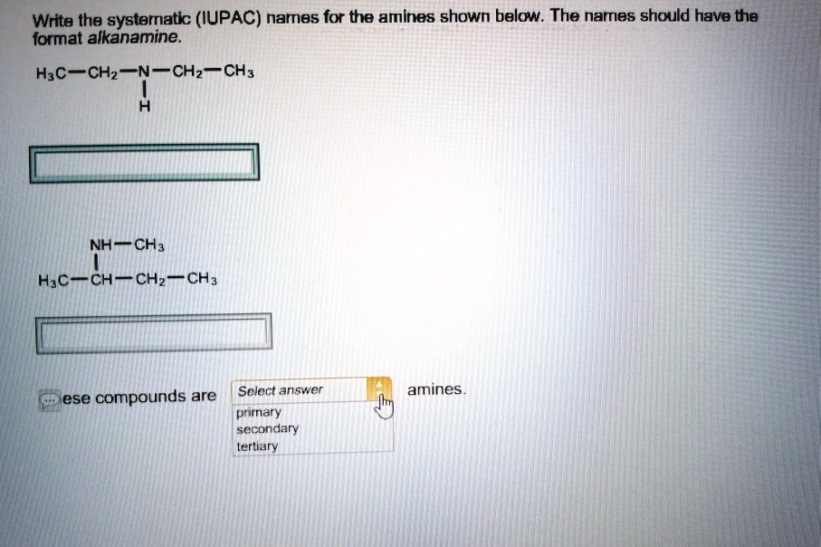 SOLVED: Write the systematic (IUPAC) names for the amines shown below. The names should have the ...