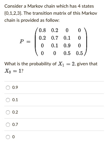 Consider a Markov chain which has 4 states {0,1,2,3}. The transition ...