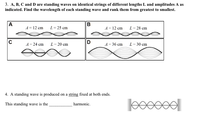 SOLVED: A, B, and D are standing waves on identical strings of different lengths and amplitudes ...