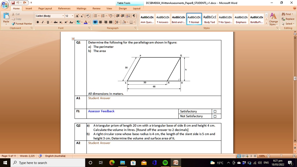 Q1 Determine the following for the parallelogram shown in figure: a ...