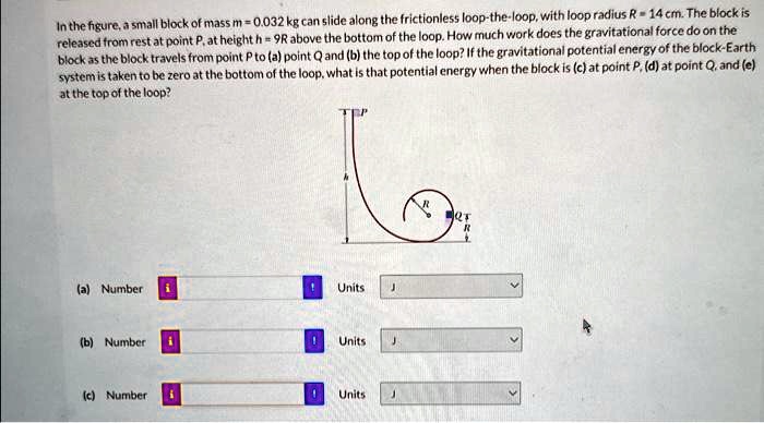 SOLVED: In the figure, a small block of mass m = 0.032 kg can slide along the frictionless loop ...
