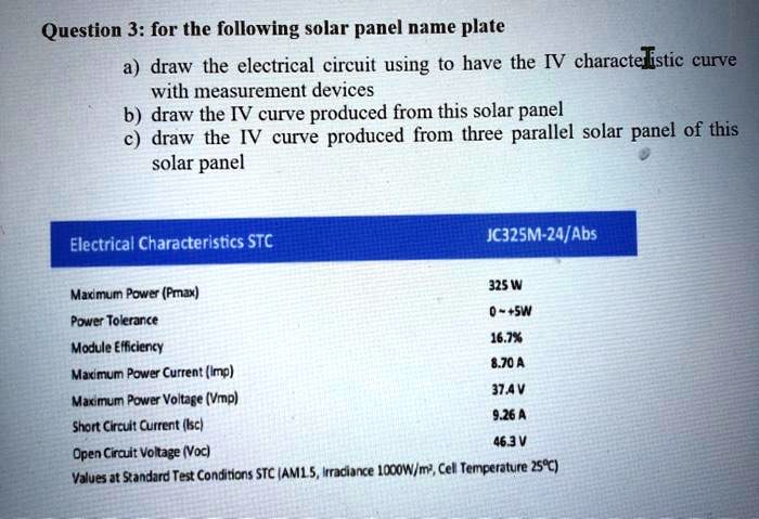 SOLVED: Question 3: For the following solar panel nameplate: a) Draw the electrical circuit ...