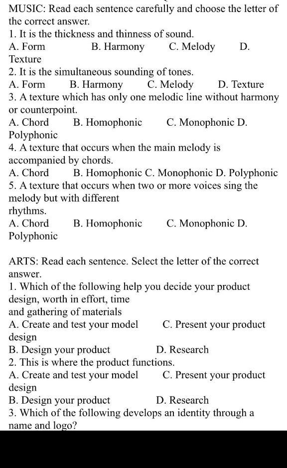SOLVED: 'please answer this questions MUSIC: Read each sentence ...