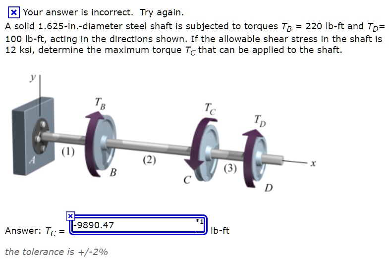 SOLVED: Your answer is incorrect. Try again. A solid 1.625-in.-diameter steel shaft is subjected ...