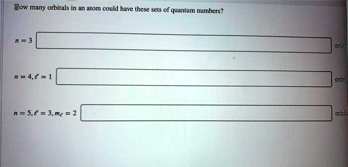 SOLVED: Wow, how many orbitals in an atom could have these sets of quantum numbers? n = 3 l = 4 ...