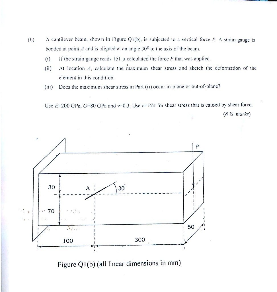 SOLVED: A cantilever beam, shown in Figure Q1(b), is subjected to a vertical force P. A strain ...