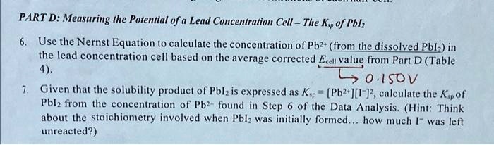 PART D: Measuring the Potential of a Lead Concentration Cell - The Ksp ...