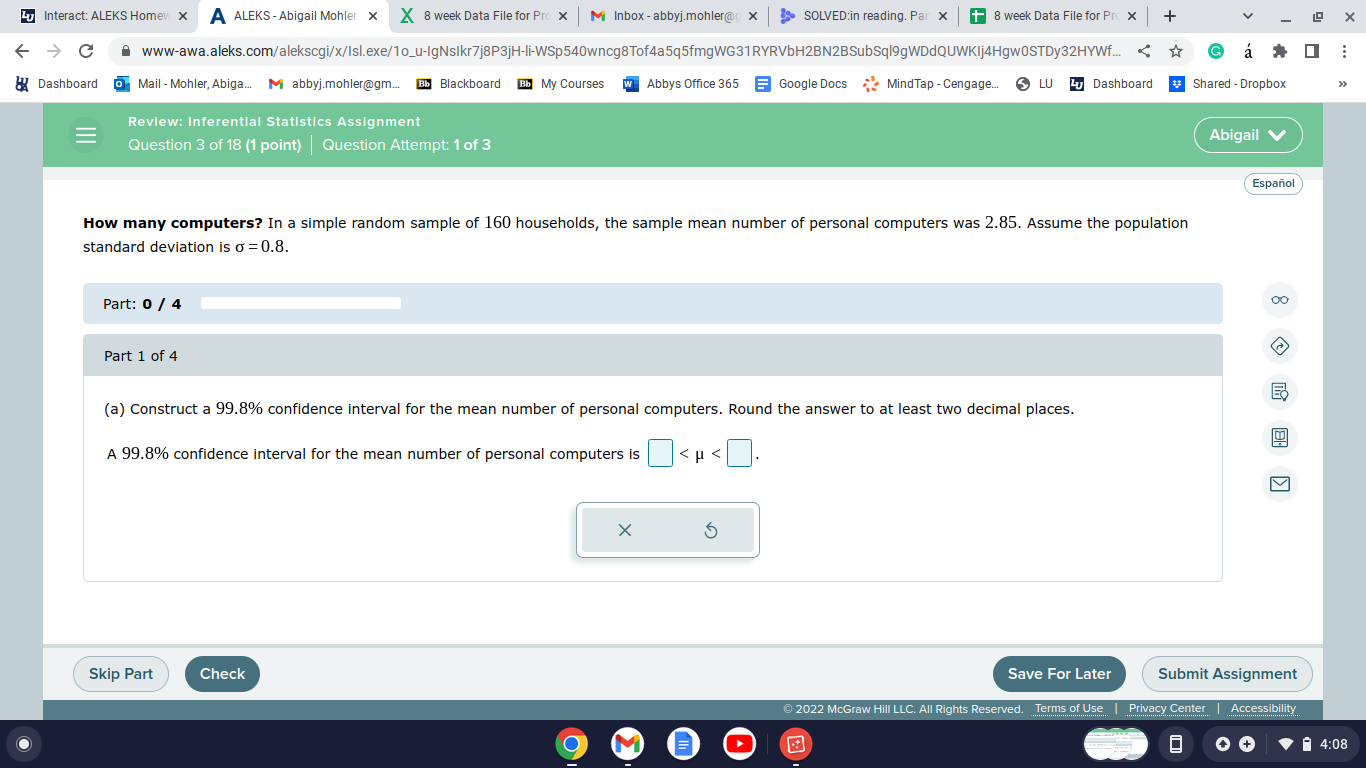 SOLVED: How many computers? In a simple random sample of 160 households, the sample mean number ...
