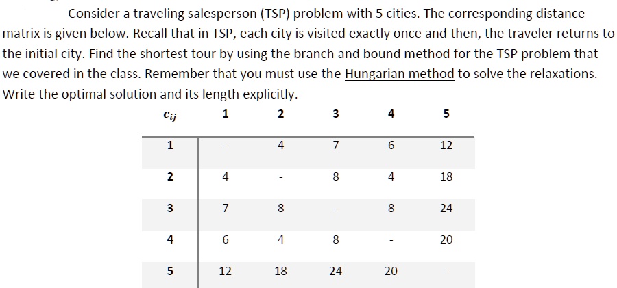 SOLVED: Consider a traveling salesperson (TSP) problem with 5 cities ...