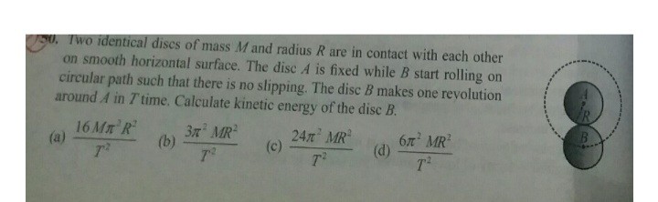 Two identical discs of mass M and radius R are in contact with each other on smooth horizontal ...