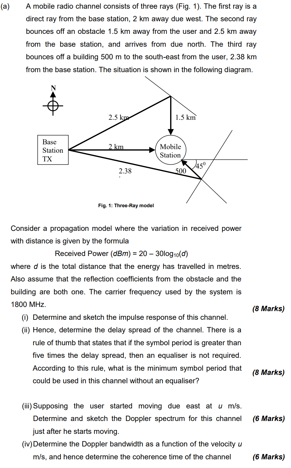 (a) A mobile radio channel consists of three rays (Fig. 1). The first ray is a direct ray from ...
