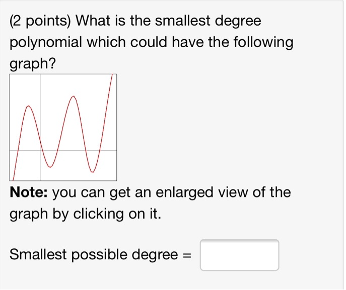 (2 points) What is the smallest degree polynomial which could have the following graph? Note ...