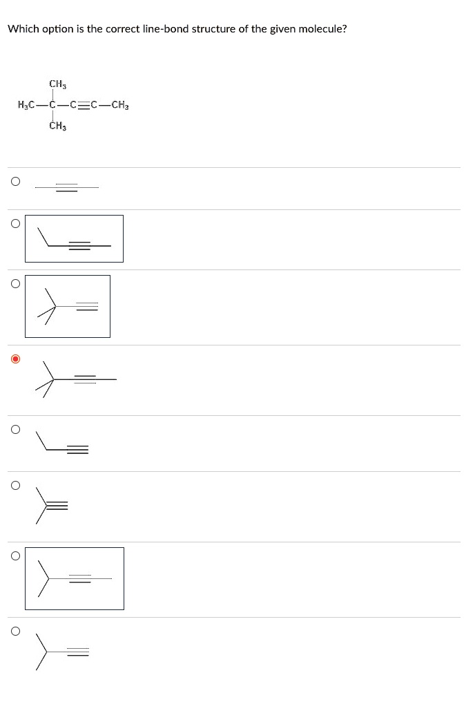 Which option is the correct line-bond structure of the given molecule ...