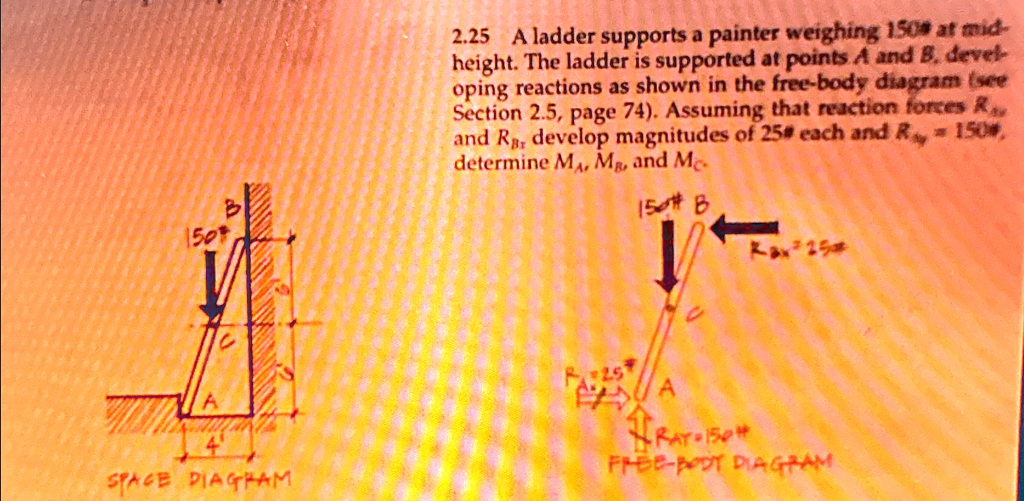 [GET ANSWER] 2.25 A ladder supports a painter weighing 150# at mid ...