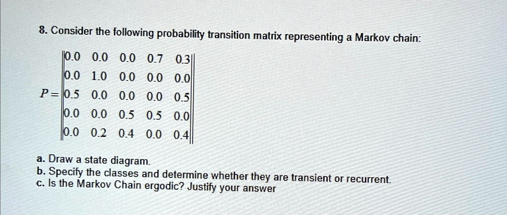 8. Consider the following probability transition matrix representing a Markov chain: a. Draw a ...