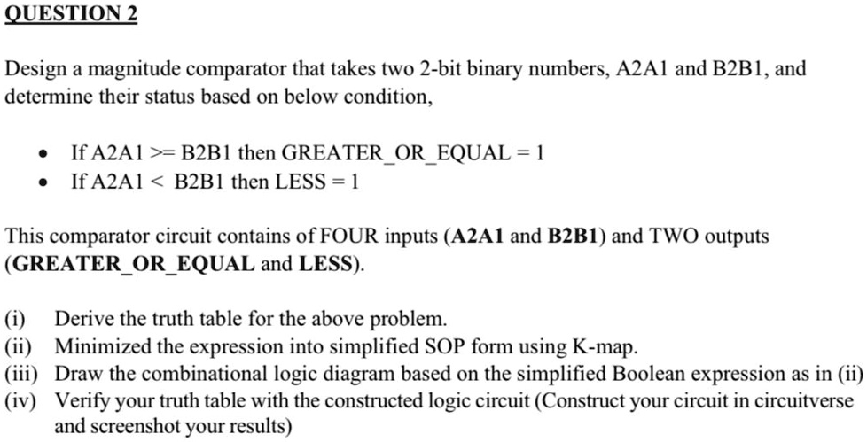 SOLVED: Question 2 Design a magnitude comparator that takes two 2-bit binary numbers, A2A1 and ...