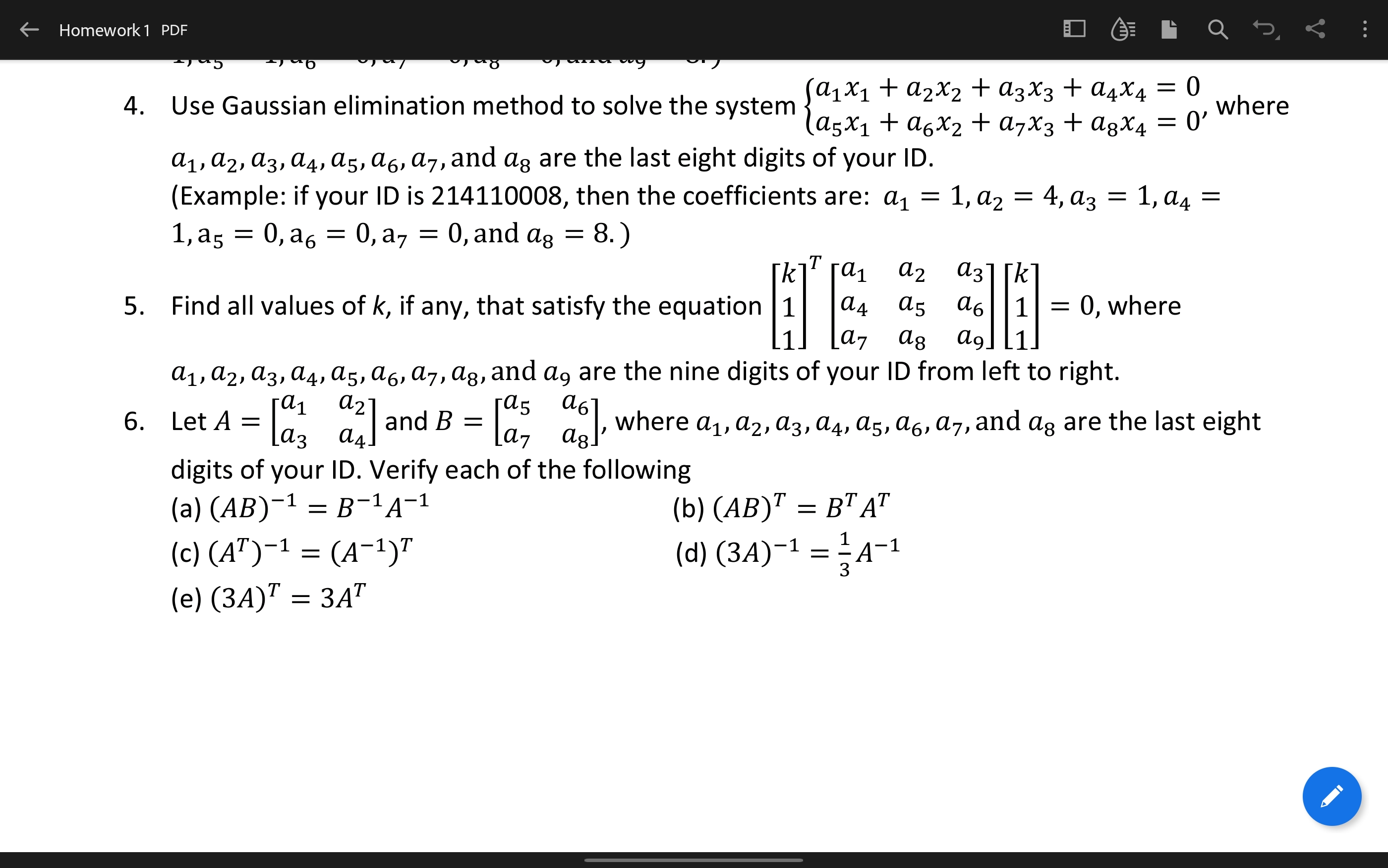 4. Use Gaussian elimination method to solve the system { a1 x1+a2 x2+a3 ...