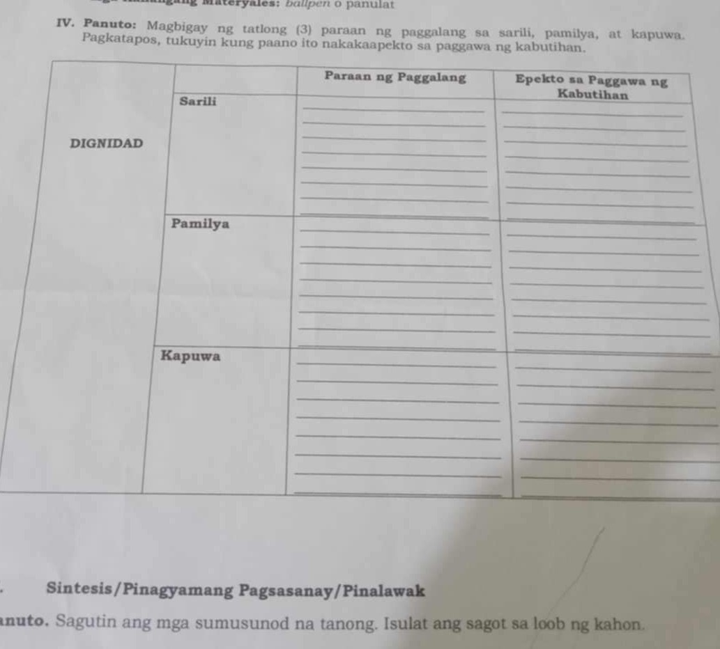 IV. Panuto: Magbigay ng tatlong (3) paraan ng paggalang sa sarili ...