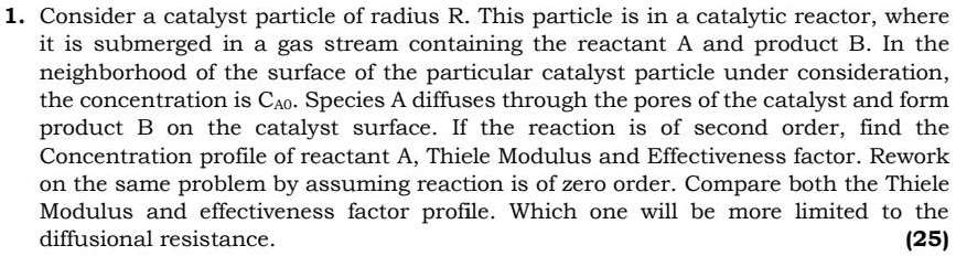 1. Consider a catalyst particle of radius R. This particle is in a catalytic reactor, where it ...