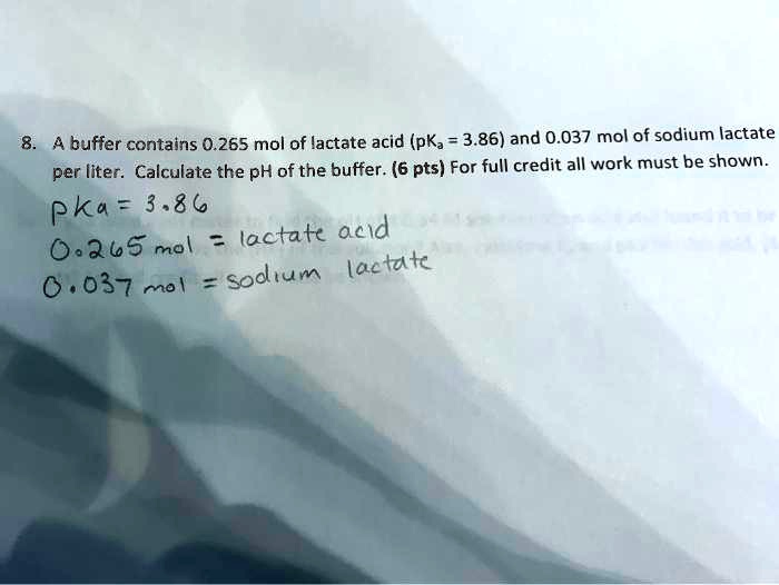 SOLVED: A buffer contains 0.265 mol of lactic acid (pKa = 3.86) and 0. ...