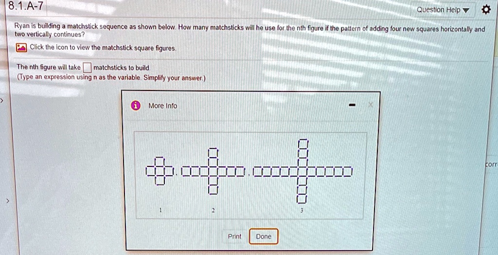 SOLVED: Ryan is building a matchstick sequence as shown below. How many matchsticks will he use ...