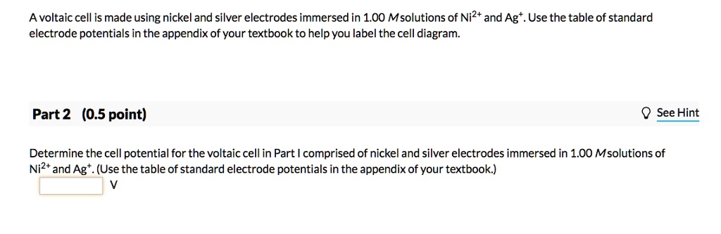 SOLVED: A voltaic cell is made using nickel and silver electrodes immersed in 1.00 M solutions ...