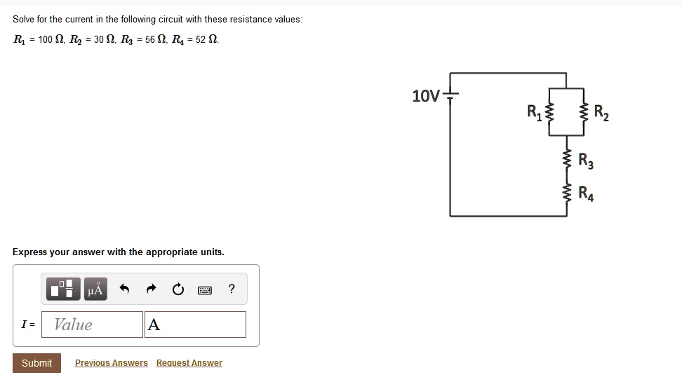 Solve for the current in the following circuit with these resistance values: R1 = 100 Ω, R2 = 30 ...