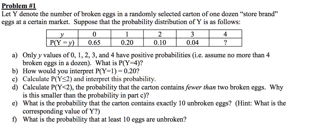 SOLVED: Problem #L Let Y denote the number of broken eggs in a randomly selected carton of one ...