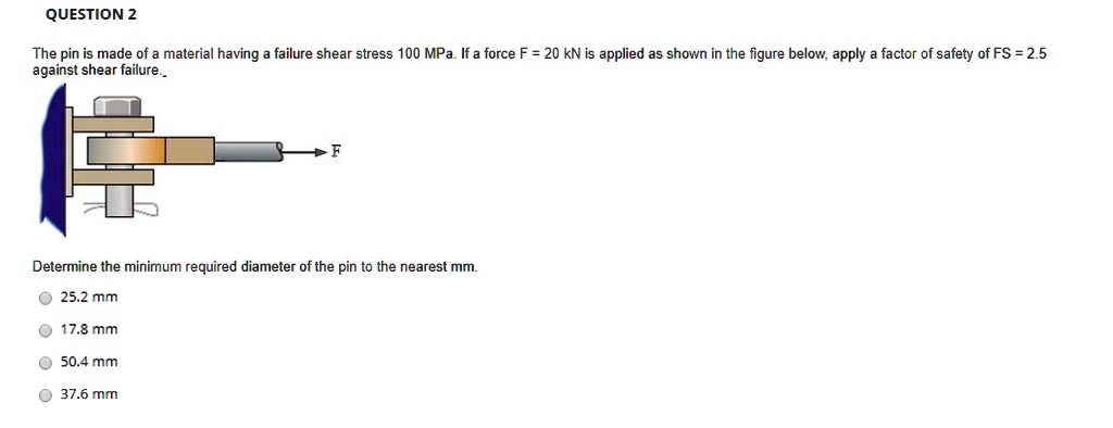 QUESTION 2 The pin is made of a material having a failure shear stress ...