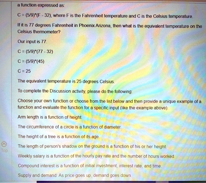 SOLVED: function expressod as C = (5/9)*(F 32) , where F is the ...