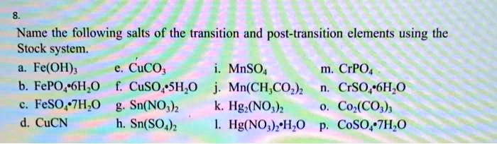 8. Name the following salts of the transition and post-transition ...
